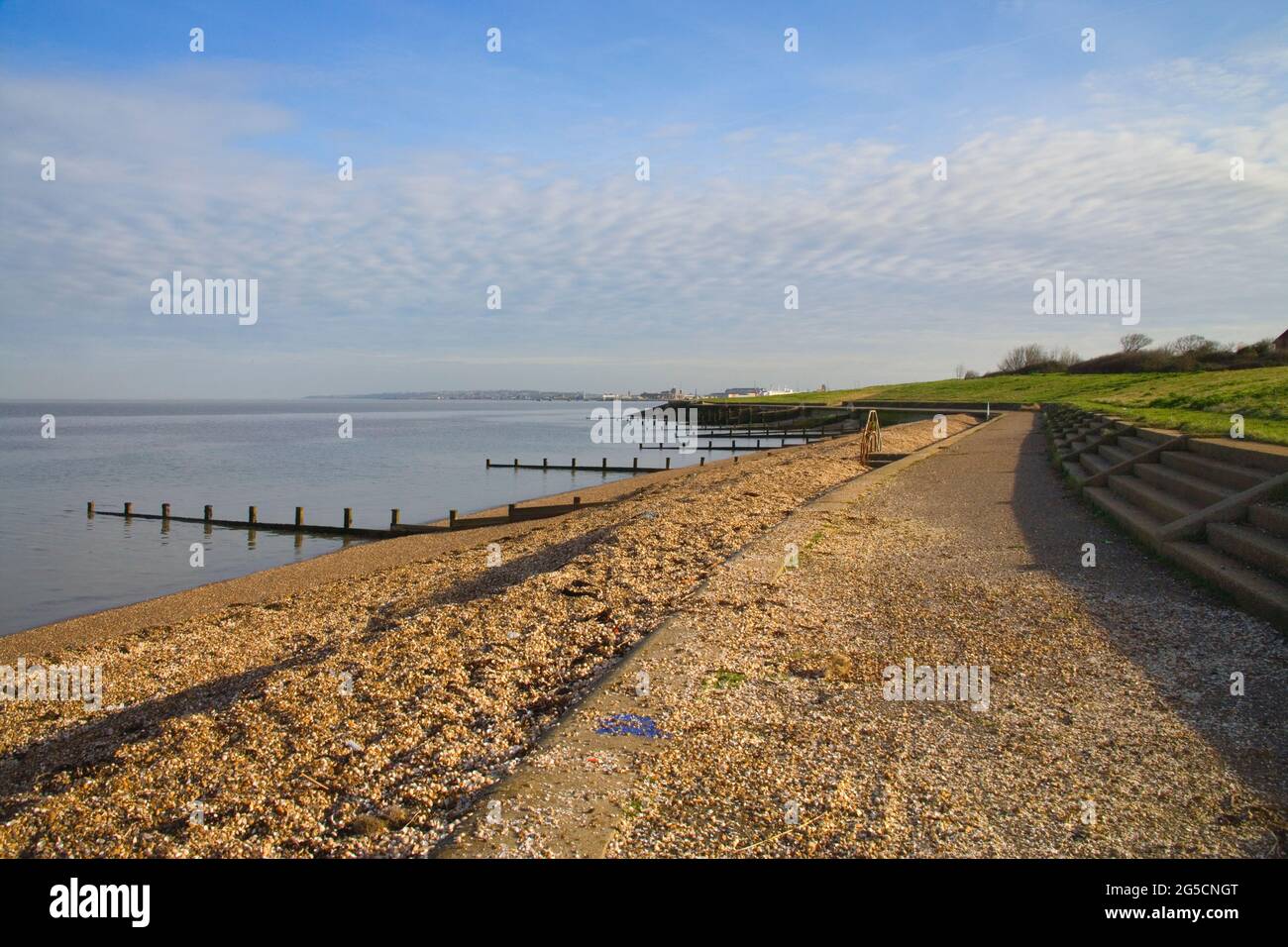 groynes and beach at the village of grain on the isle of grain in kent ...