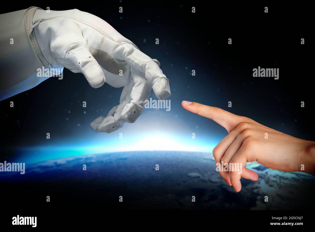 close up the hand of human and the astronaut touch in the outer space ...