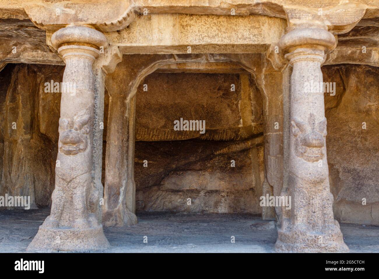 Columns with lion guards of the Bhima Ratha, one of the Pancha Rathas ...