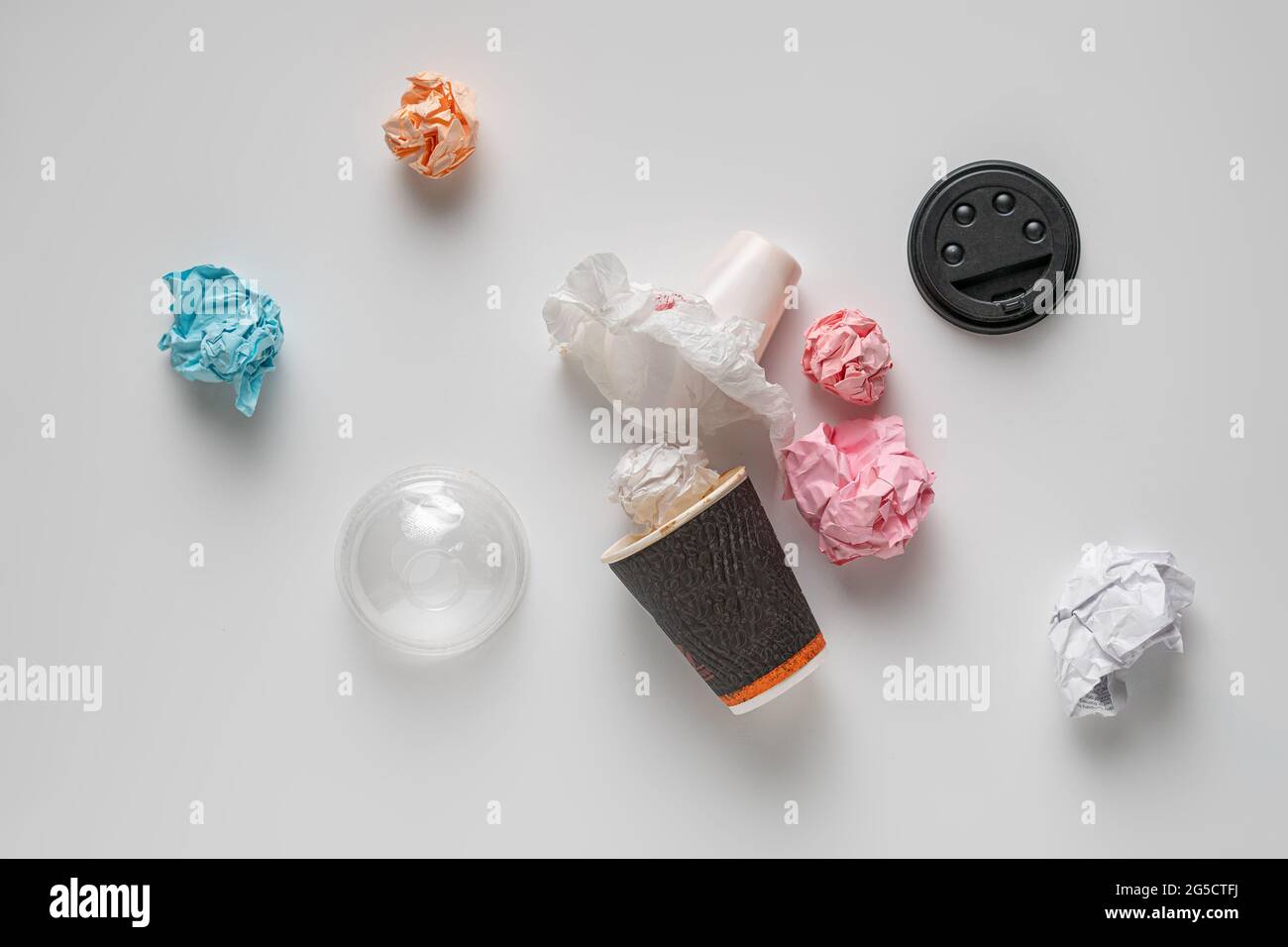 top view of some garbage of plastic and paper material, recycle to save ...