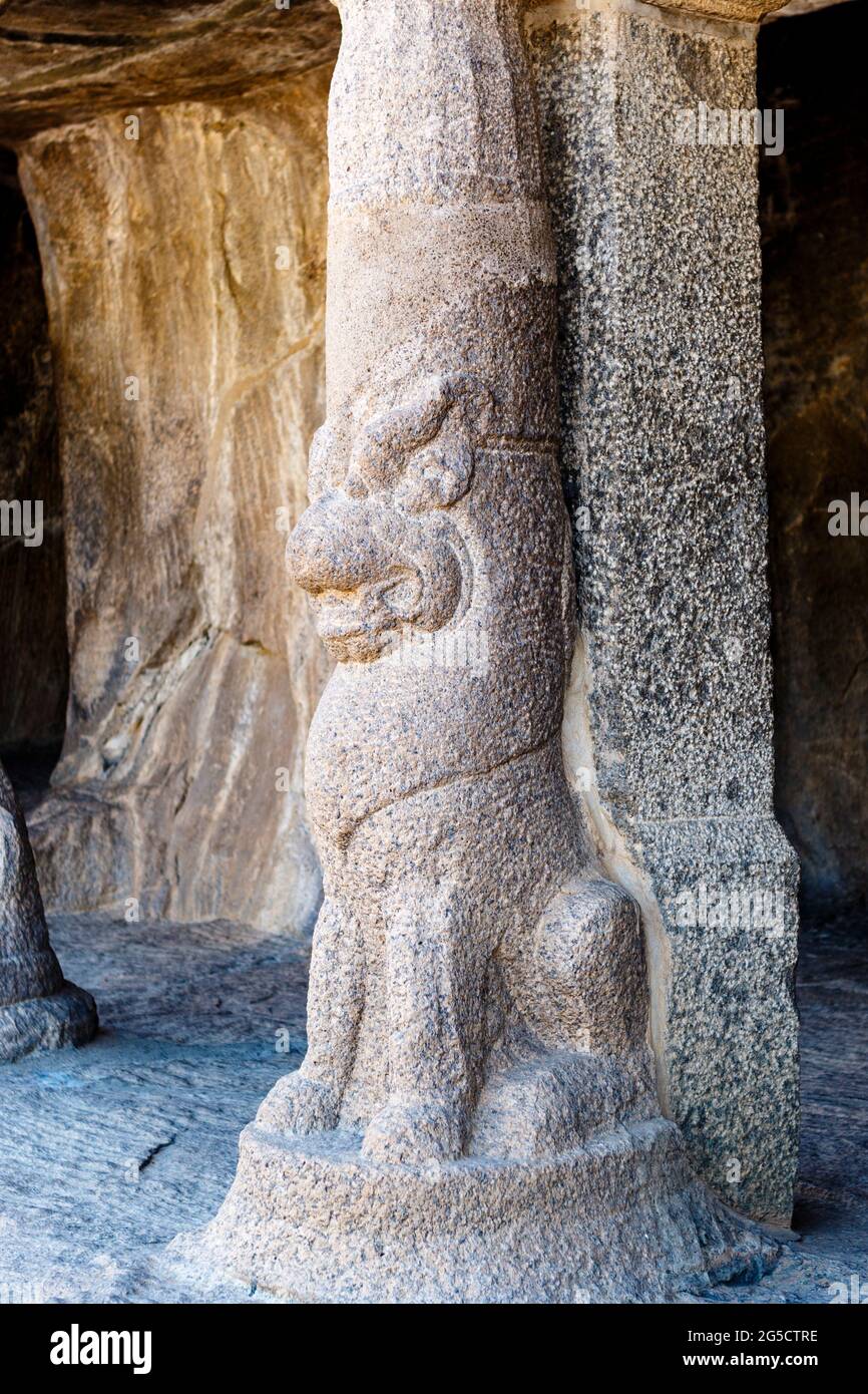 Columns with lion guards of the Bhima Ratha, one of the Pancha Rathas ...