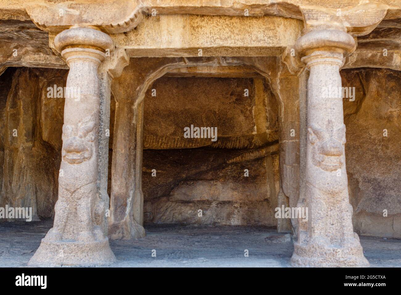 Columns with lion guards of the Bhima Ratha, one of the Pancha Rathas ...