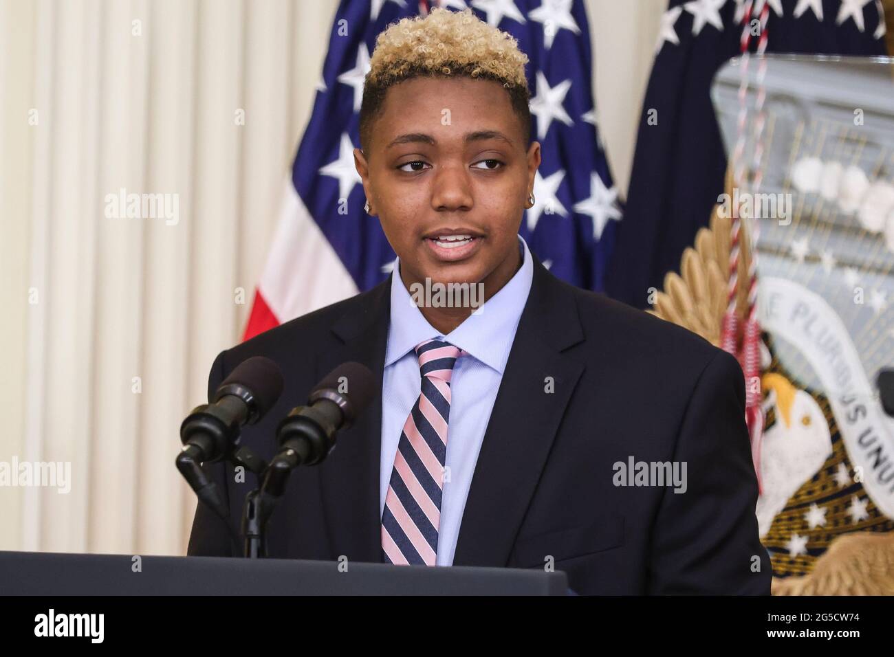 A 16-year-old transgender advocate, Ashton Mota speaks during an event ...