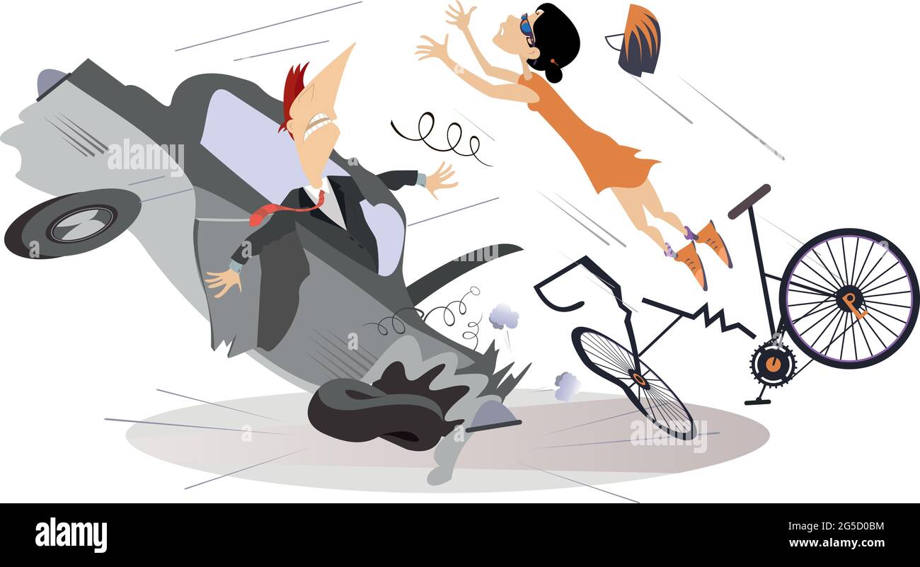 Road accident, driver, cyclist and broken bike illustration. Shocked ...