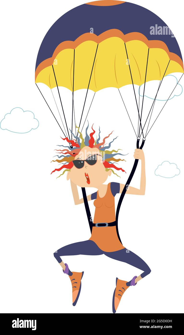 Cartoon skydiver woman illustration. Comic skydiver woman in sunglasses ...