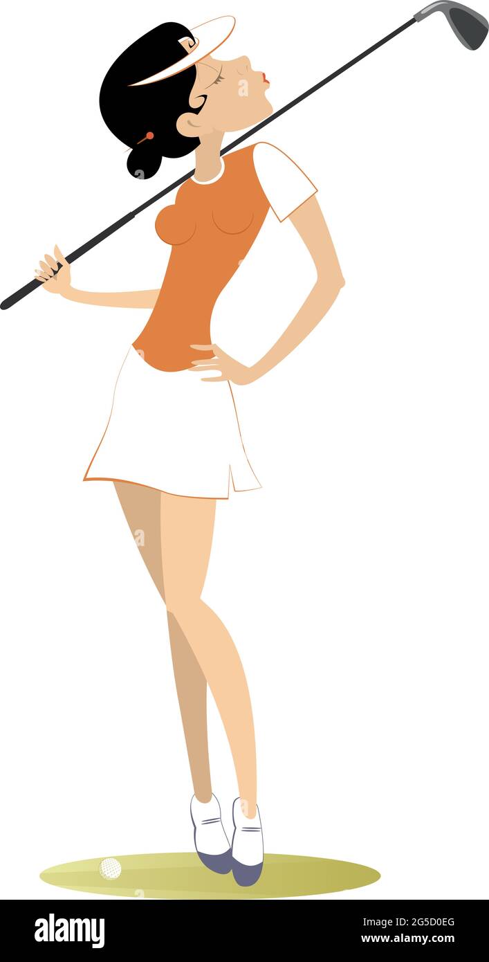Young golfer woman on the golf course illustration. Pretty golfer woman ...