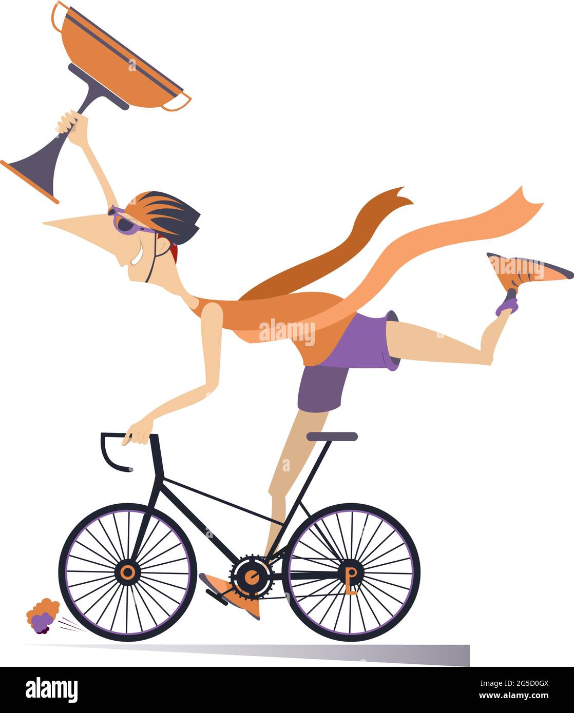 Cartoon man rides a bike and wins the race illustration. Smiling man in ...