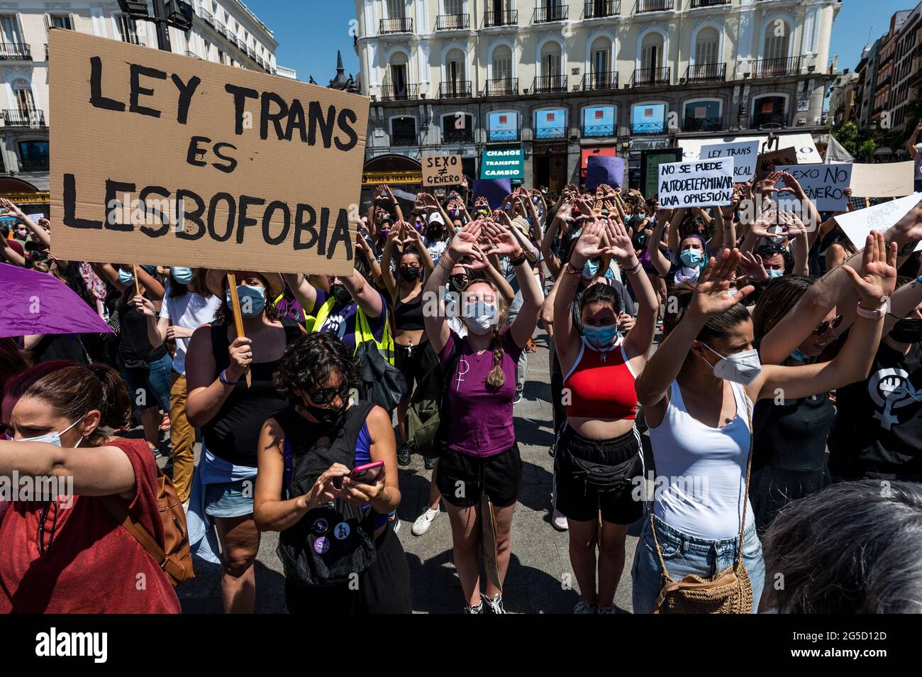 Madrid, Spain. 26th June, 2021. Women of feminist groups raising their ...