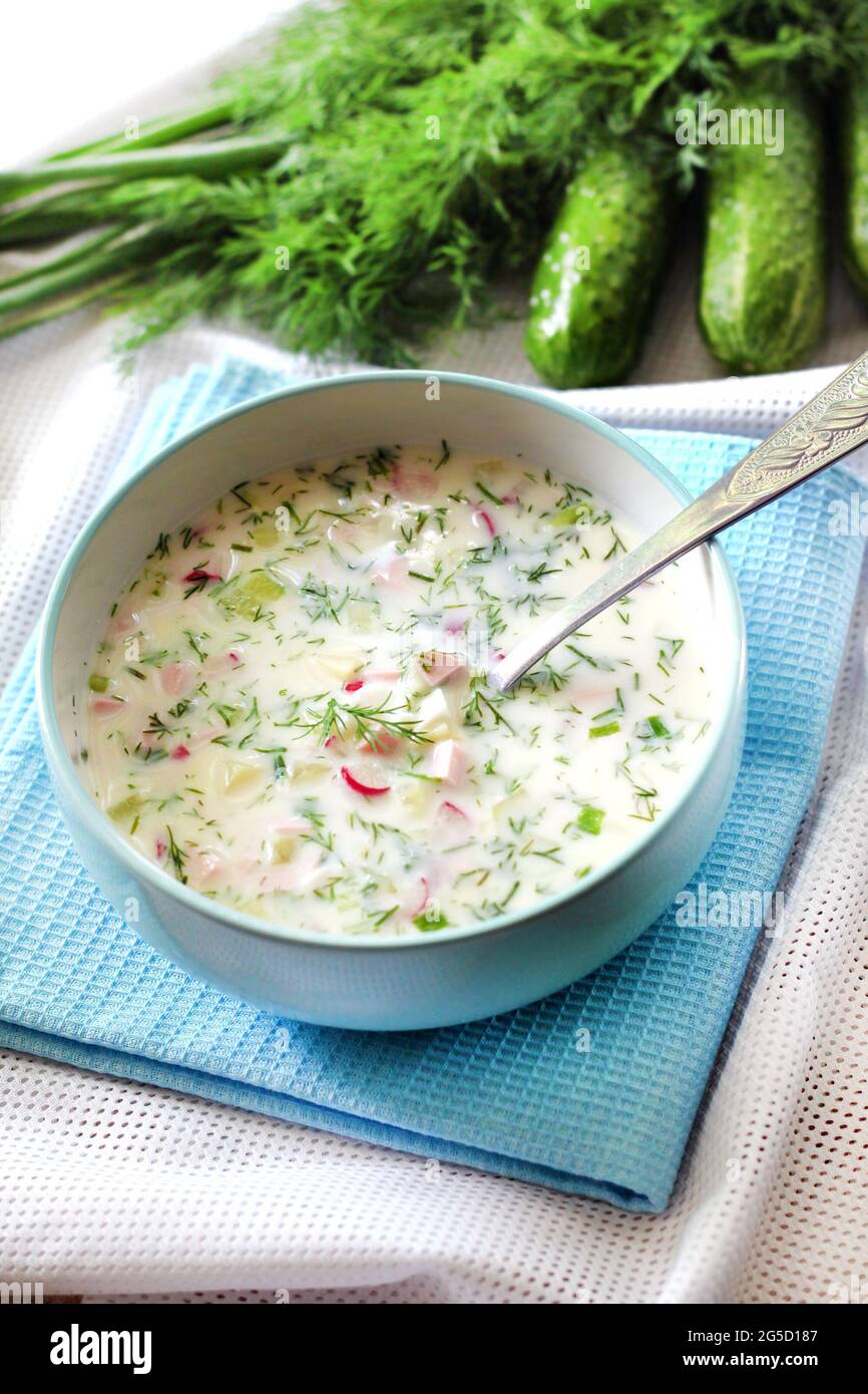 Okroshka - traditional Russian cold soup with fresh cucumber, boiled ...