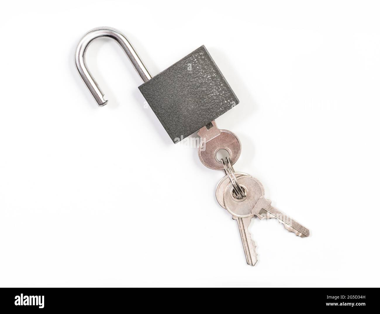 Lock and keys. Closeup of opened metal padlock with key inside isolated ...