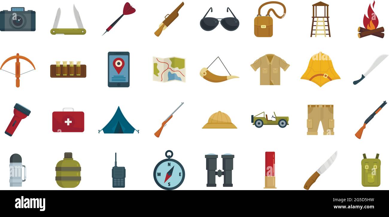 Safari equipment icons set flat vector isolated Stock Vector Image ...