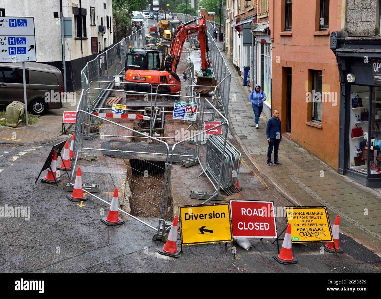 Roadworks with machinery, road closed, diversion signs, UK Stock Photo ...