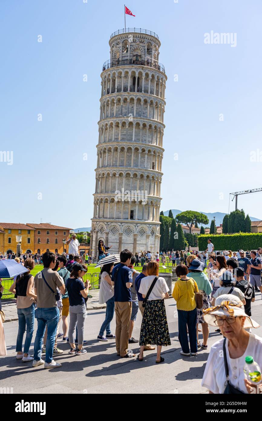 Many tourists visit Leaning Tower of Pisa in summer time - PISA, ITALY ...