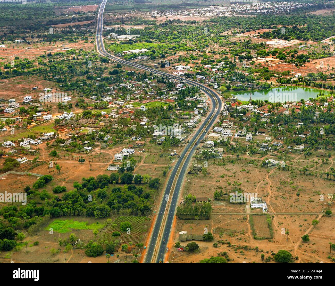 Kakinada ,10, April,2007 : Aerial view of Highway road crossing through ...