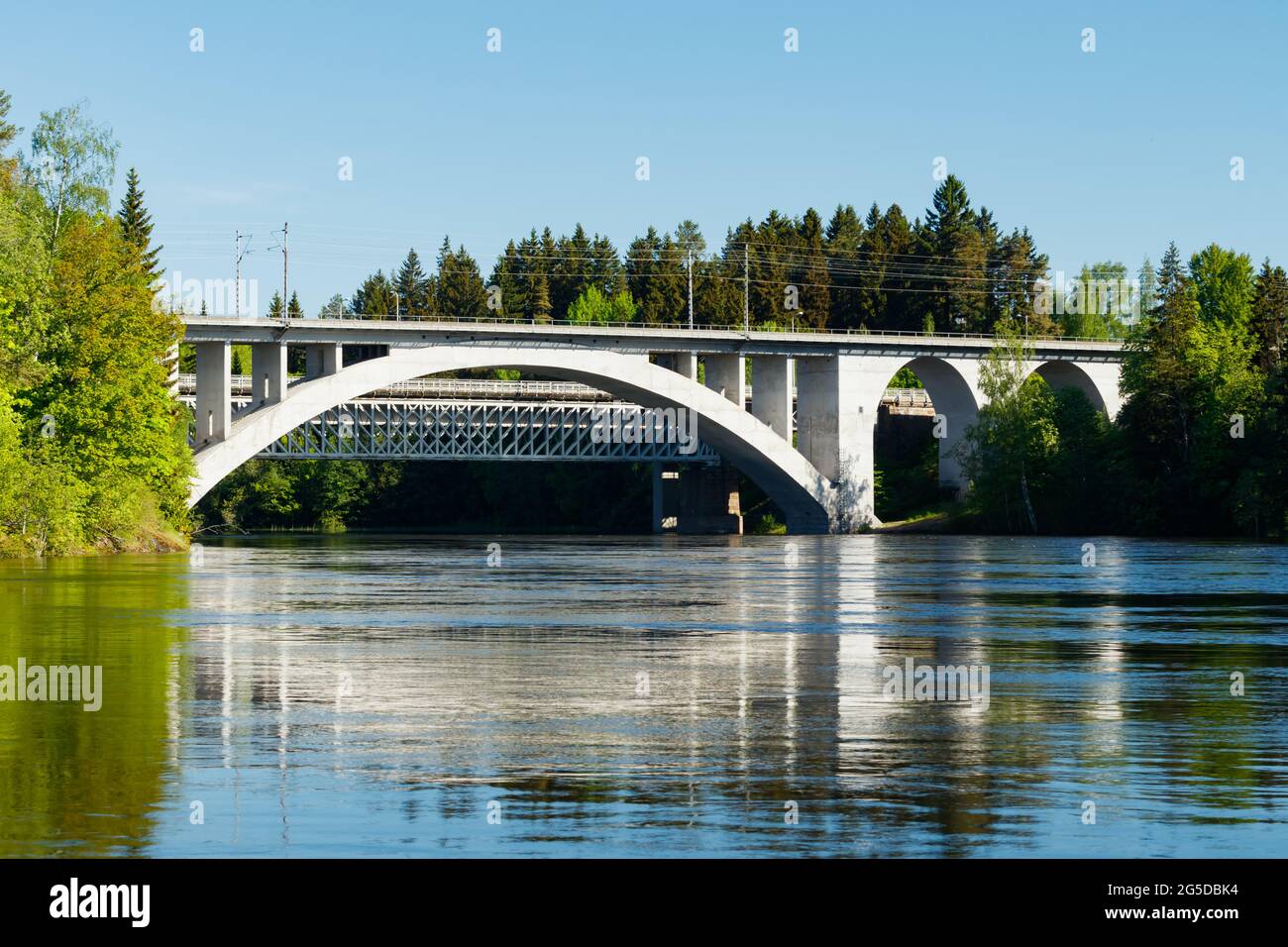 Summer landscape of bridge and Kymijoki river waters in Finland ...