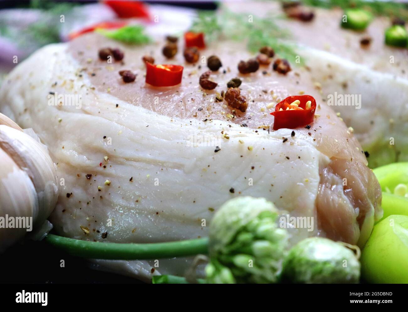 Meat with vegetables and spices, onions, red and green peppers, ginger ...