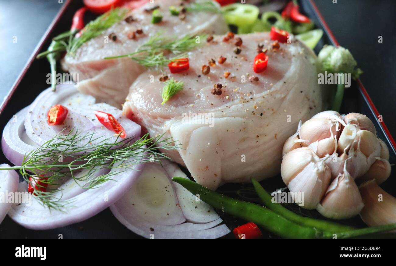 Meat with vegetables and spices, onions, red and green peppers, ginger ...