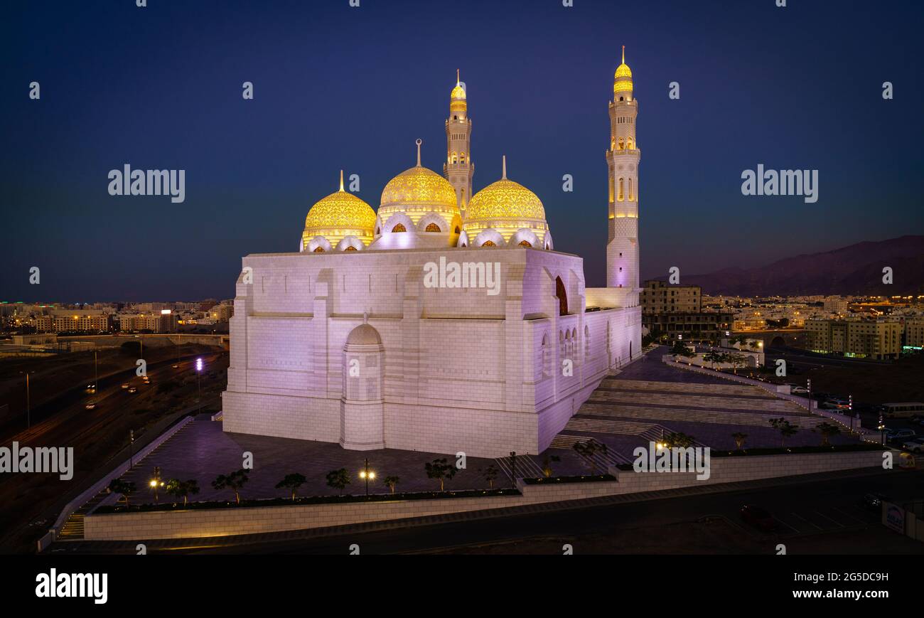 Nighttime view of Muhammad al-Amin mosque in Muscat, Oman Stock Photo ...