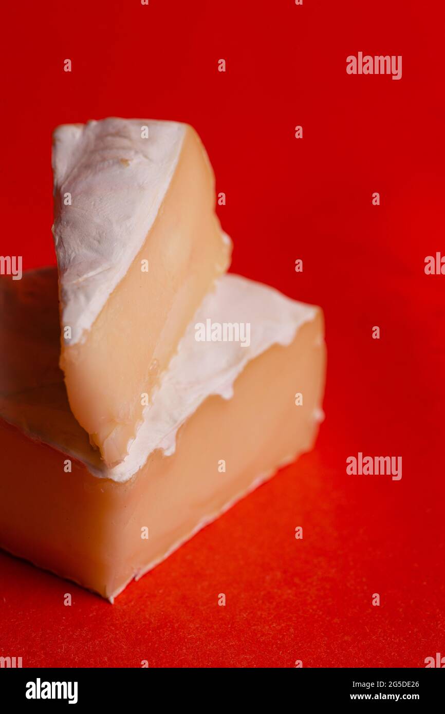 cheese with white mold close-up on a red background Stock Photo - Alamy