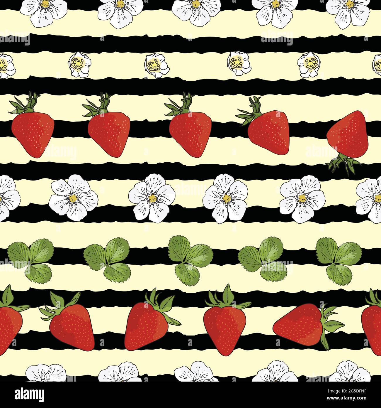 Vector pastel yellow background garden strawberries, berry flowers ...