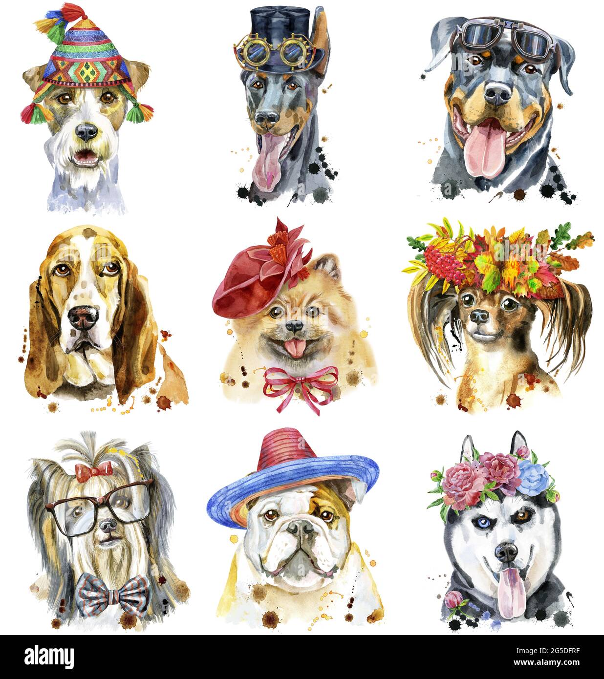 Cute set of watercolor portraits of dogs. For t-shirt graphics ...