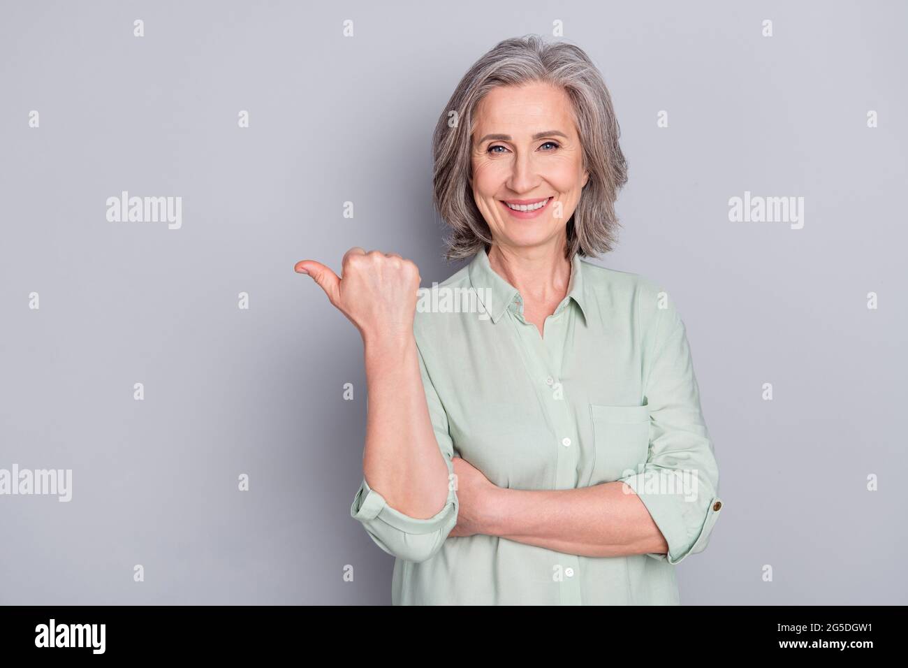 Photo of happy smiling positive good mood granny point thumb copyspace ...