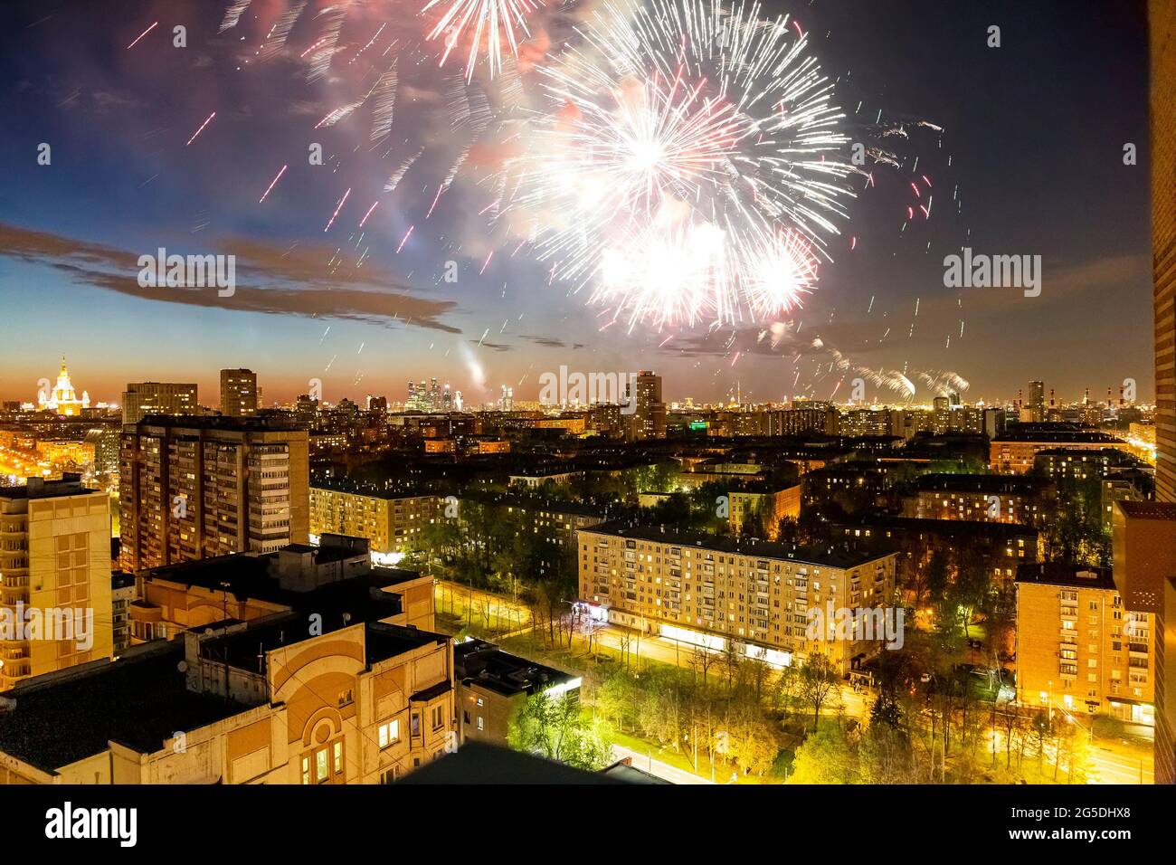 Aerial view of Moscow (night) and festive fireworks during Victory Day ...