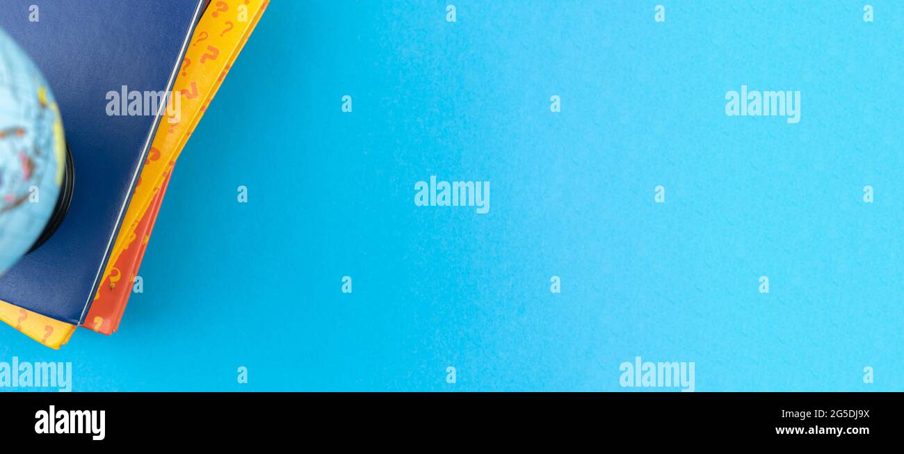 Geography lessons banner or template background with blue table and ...