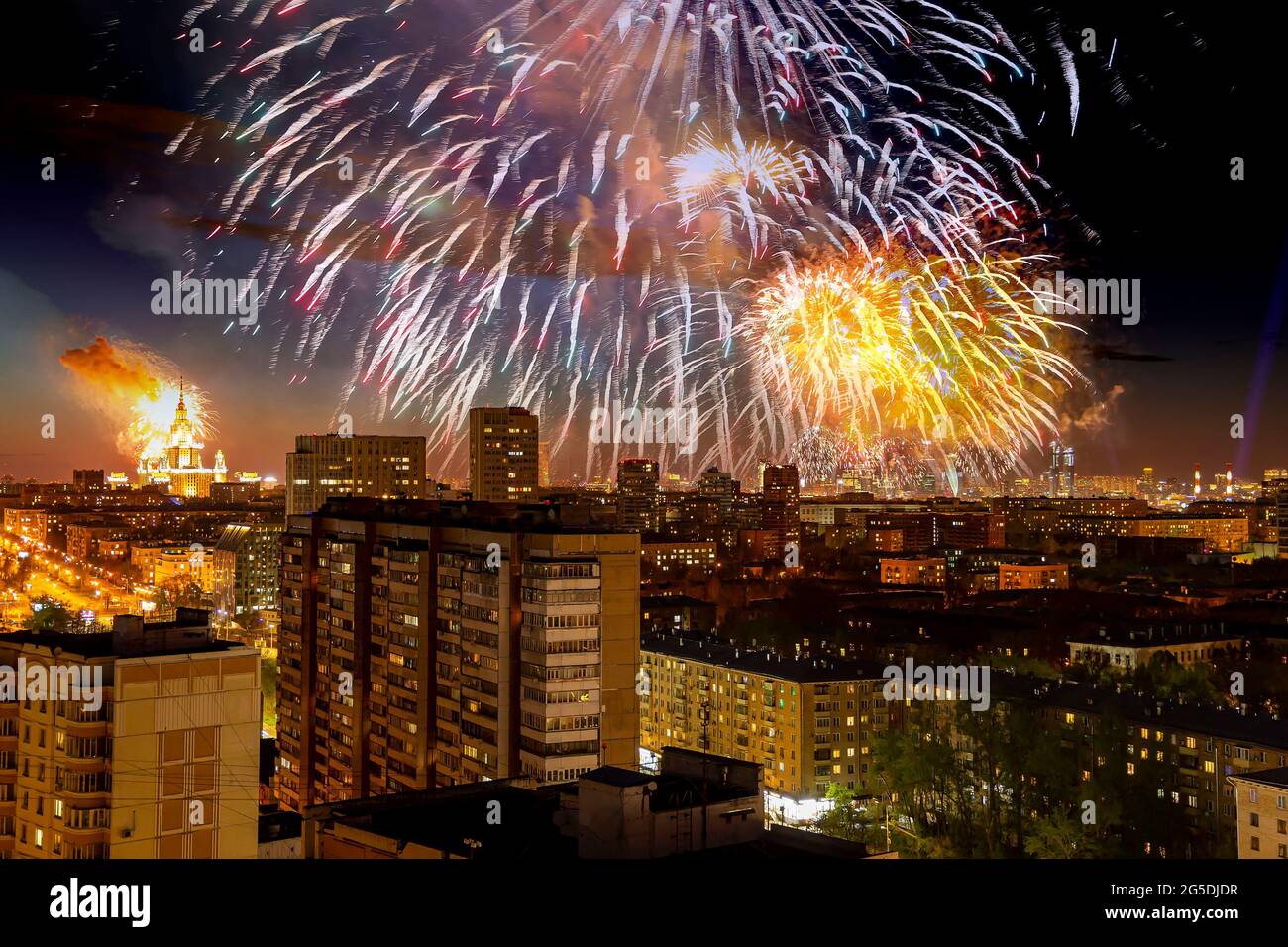 Aerial view of Moscow (night) and festive fireworks during Victory Day ...