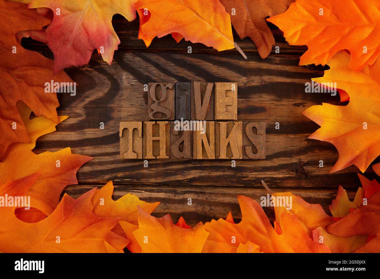 Give Thanks in a Border of Fall Leaves Stock Photo - Alamy