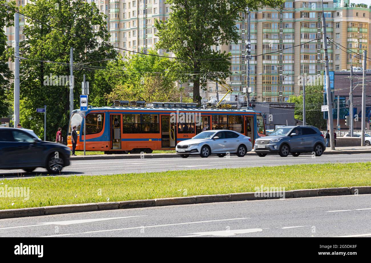 Modern tram (urban electric transport ) on a Moscow street (central ...