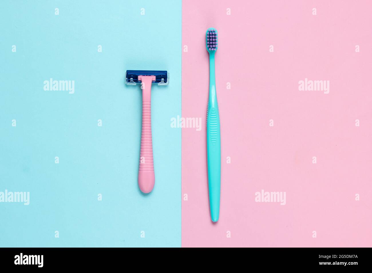 Minimalistic personal care, beauty concept. Plastic razor, toothbrush ...