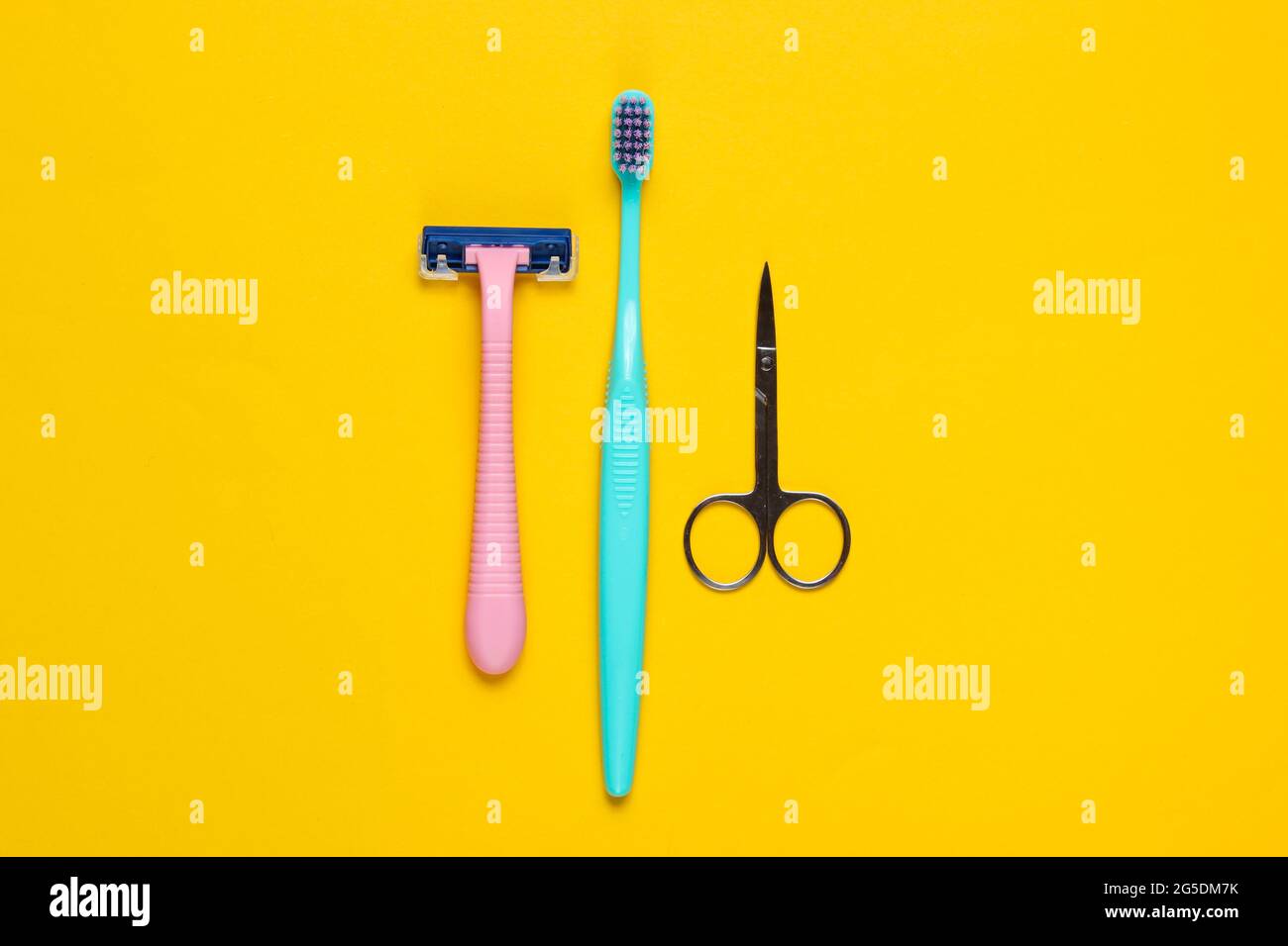 Minimalistic personal care, beauty concept. Plastic razor, toothbrush ...
