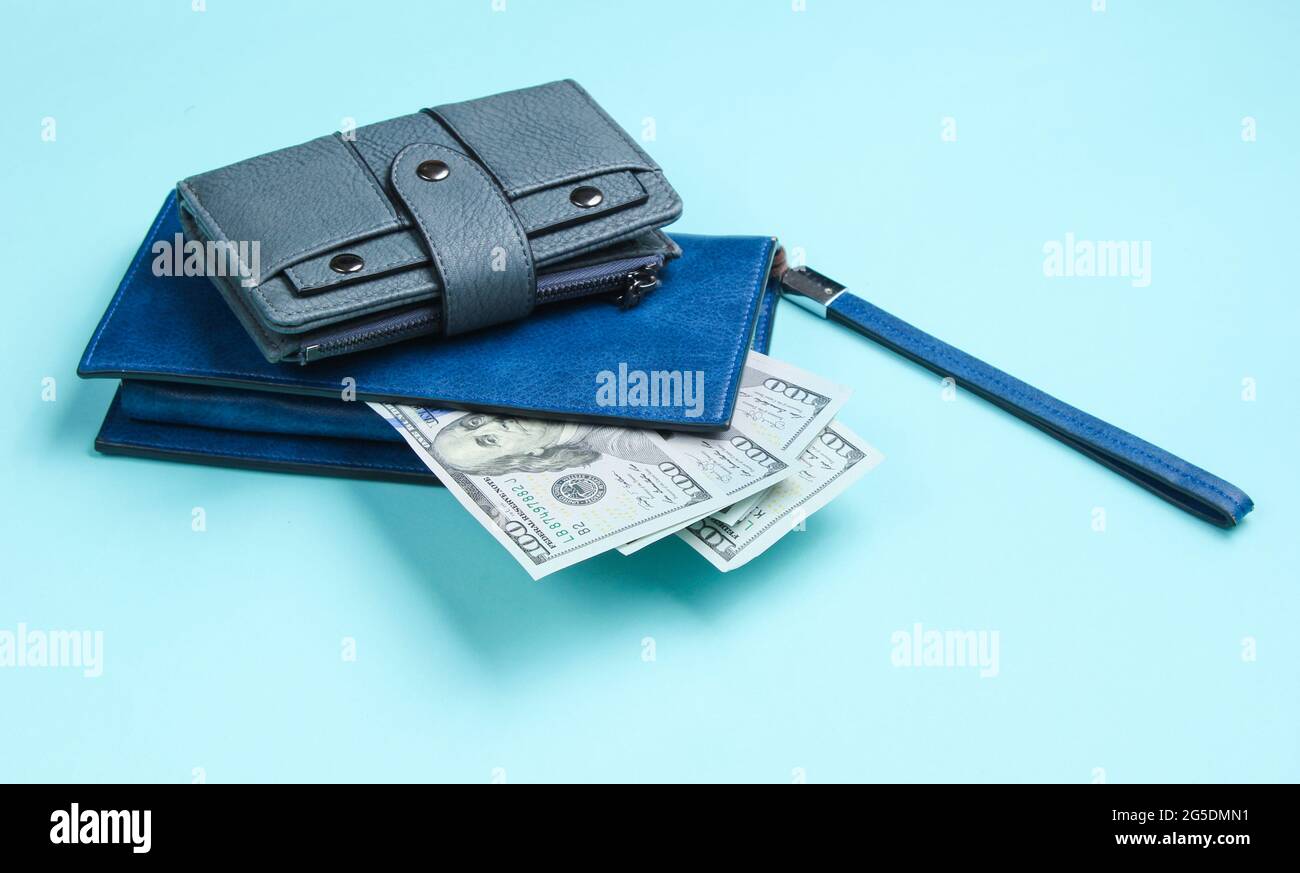 Leather purse and hundred dollar bills on blue background. Minimalistic ...