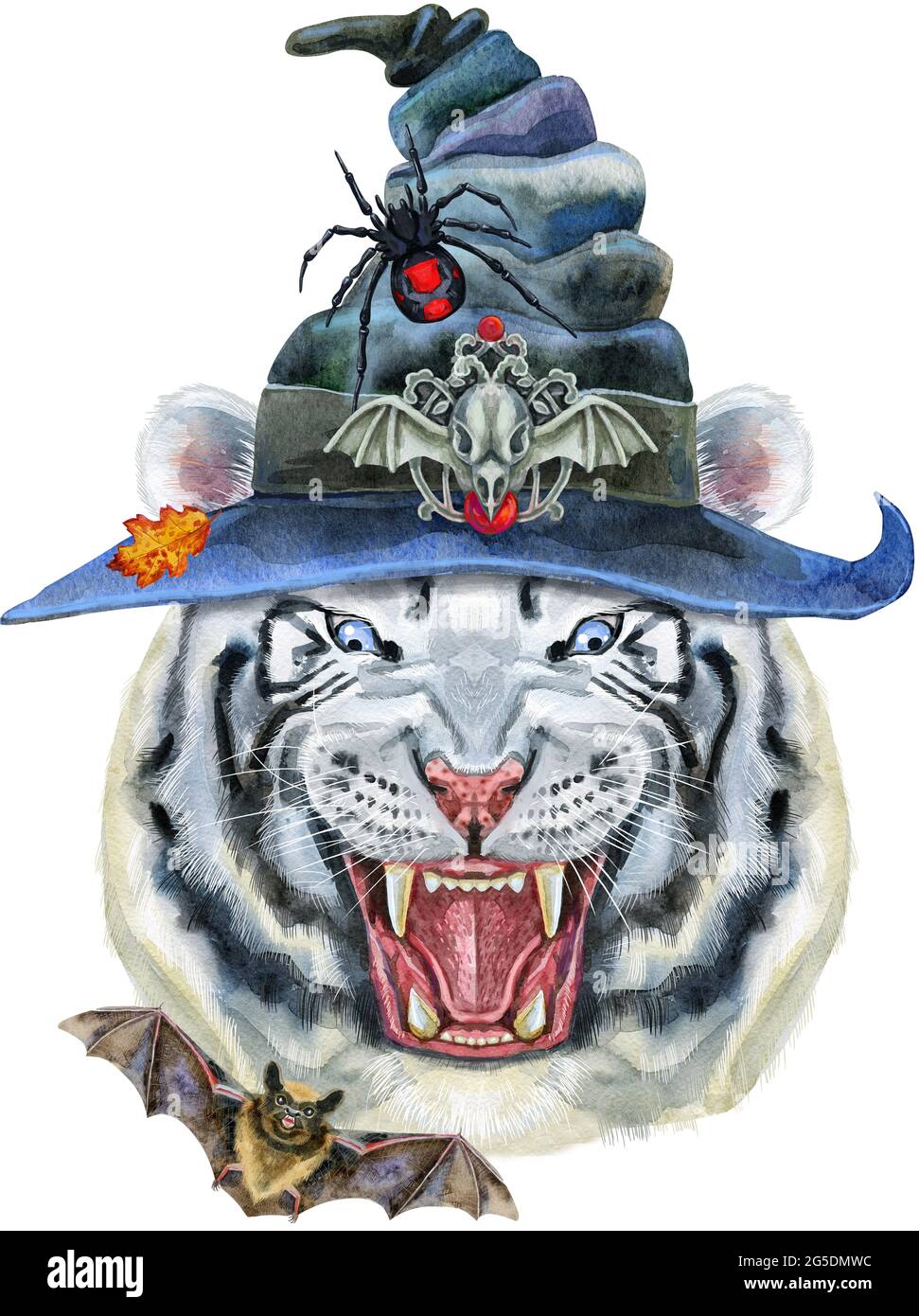 White aggressive tiger in witch hat with open mouth and huge fangs ...