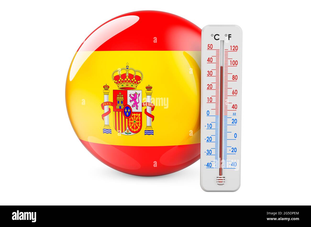 Thermometer with Spanish flag. Heat in Spain concept. 3D rendering ...