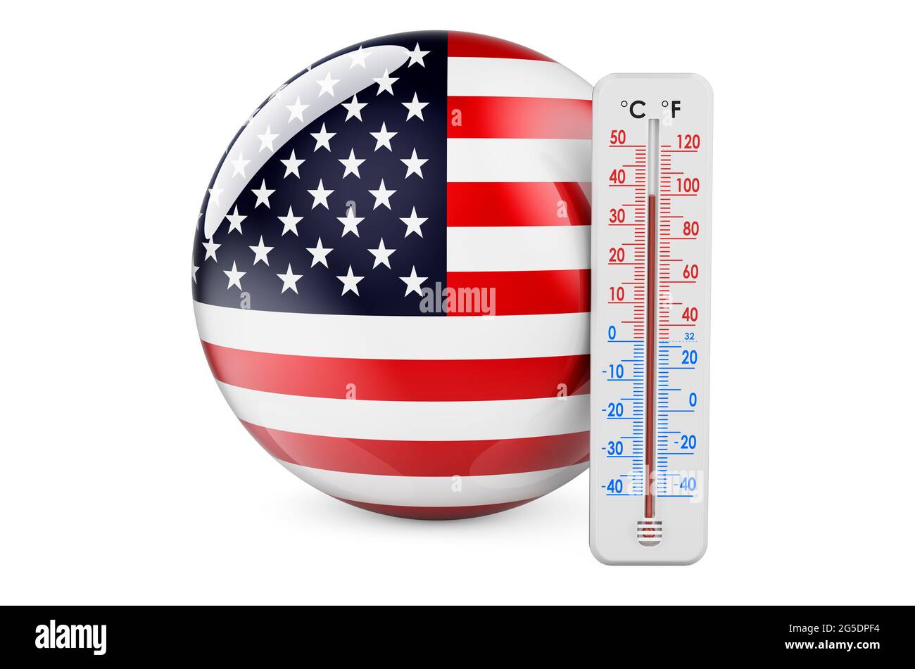 Thermometer with The United States flag. Heat in the USA concept. 3D ...