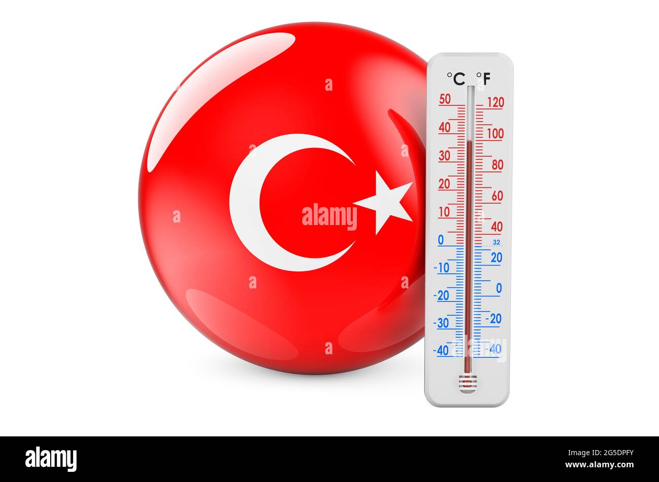 Thermometer with Turkish flag. Heat in Turkey concept. 3D rendering ...