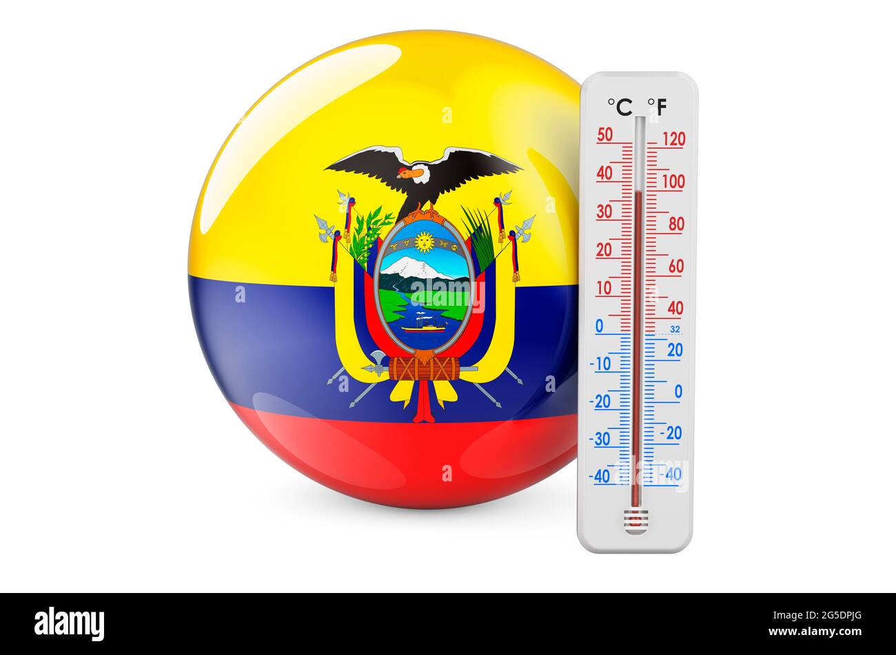 Thermometer with Ecuadorian flag. Heat in Ecuador concept. 3D rendering ...