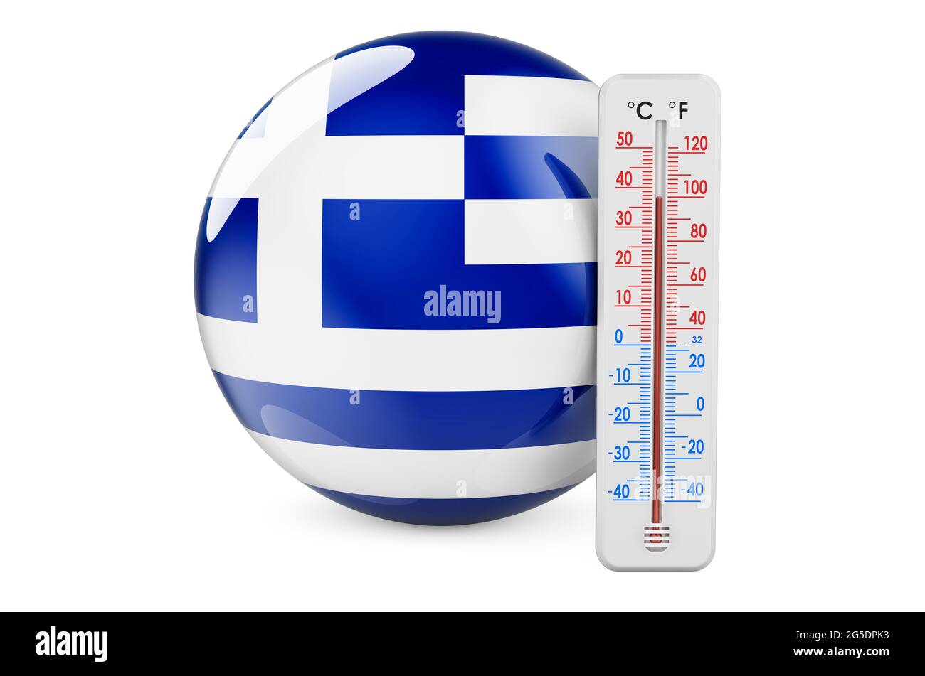 Thermometer with Greek flag. Heat in Greece concept. 3D rendering ...