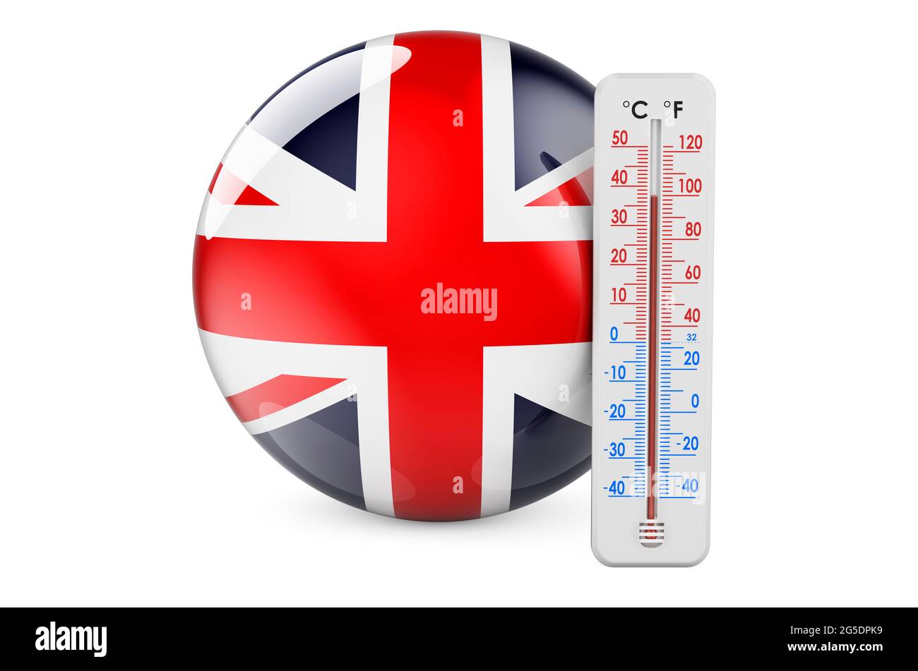 Thermometer with British flag. Heat in the Great Britain concept. 3D ...