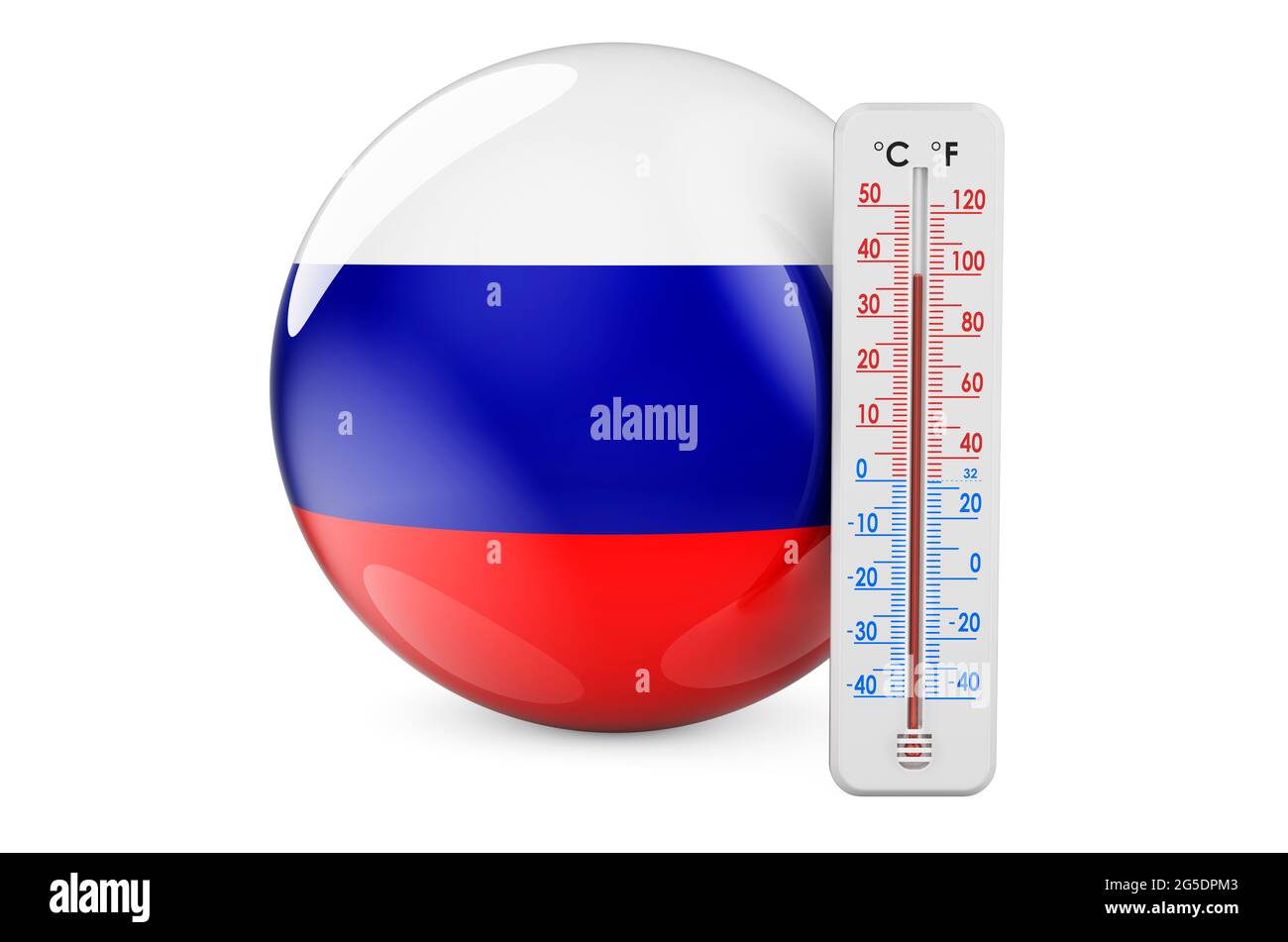 Thermometer with Russian flag. Heat in Russia concept. 3D rendering ...
