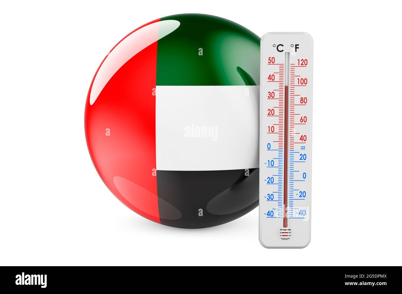 Thermometer with the United Arab Emirates flag. Heat in the UAE concept ...