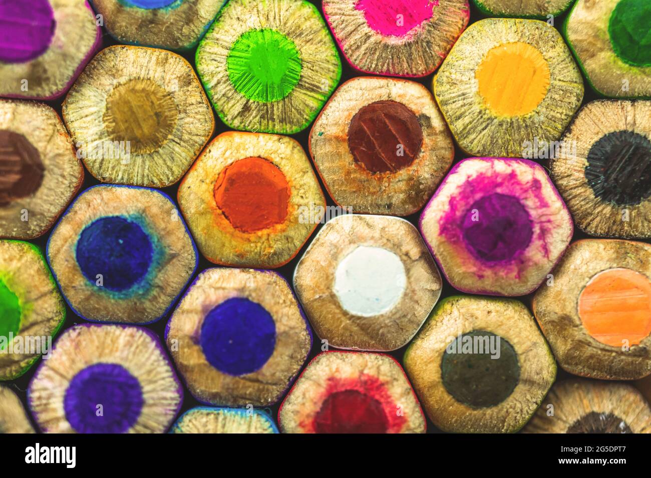 Stack of the colorful pencil tips close-up, drawing concept background ...