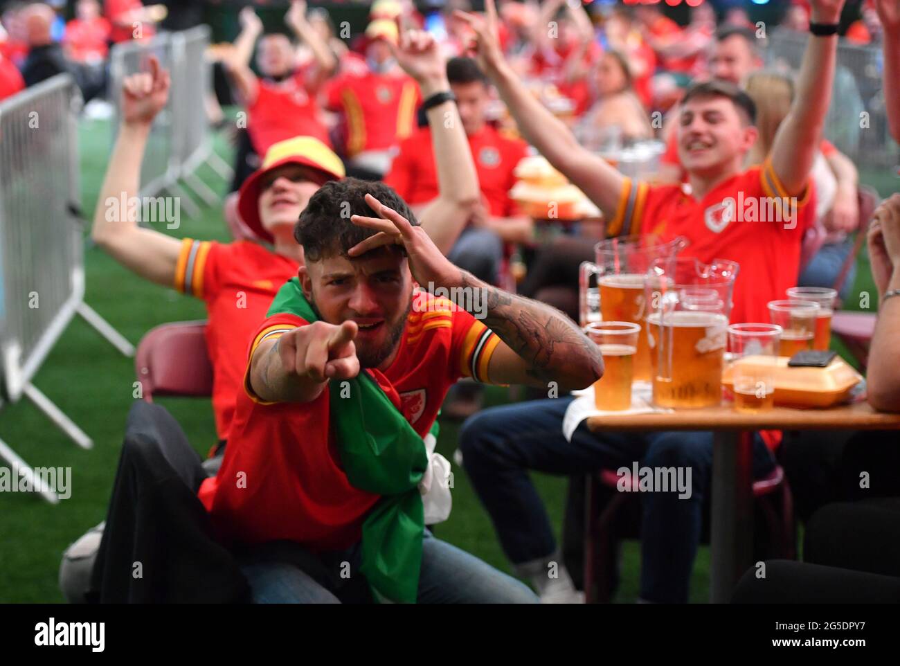 Fans at Vale Sports Park in Cardiff watch the UEFA Euro 2020 round of ...