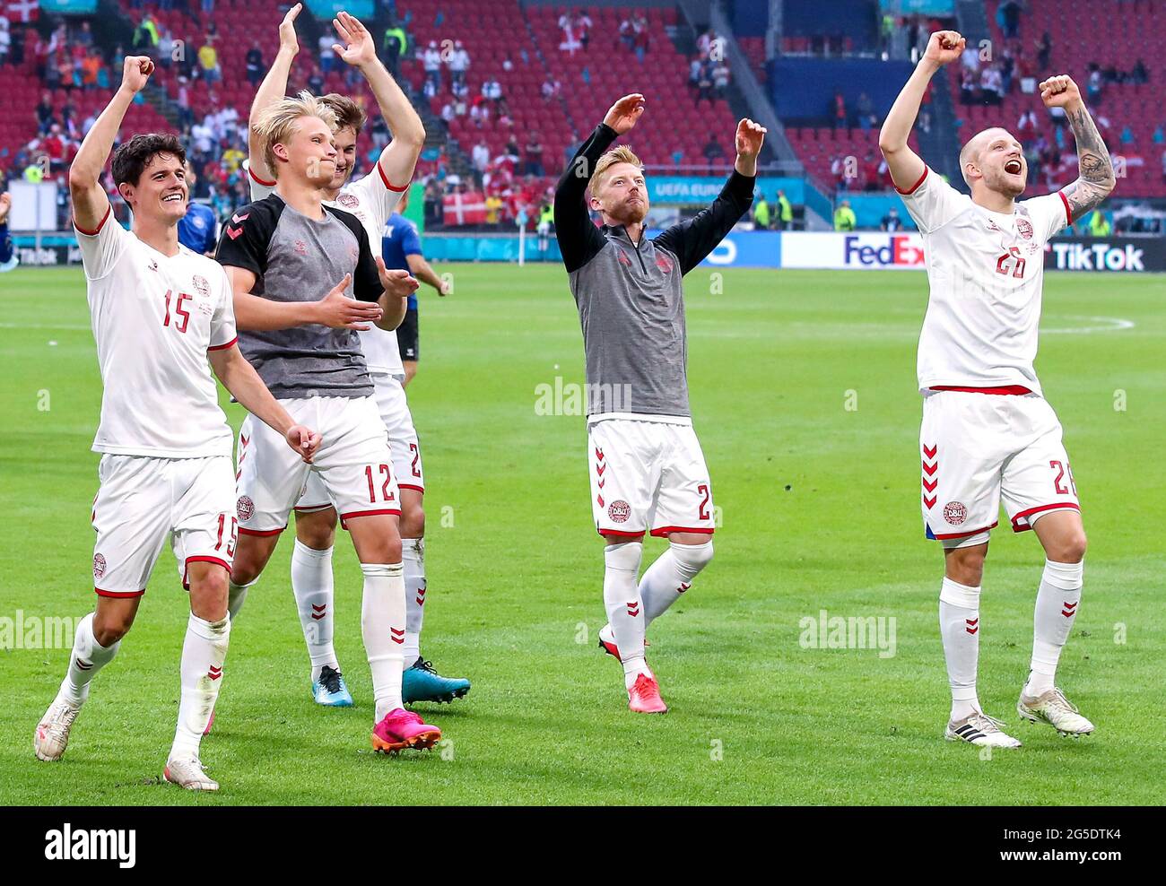 Denmark players celebrate after the final whistle during the UEFA Euro ...