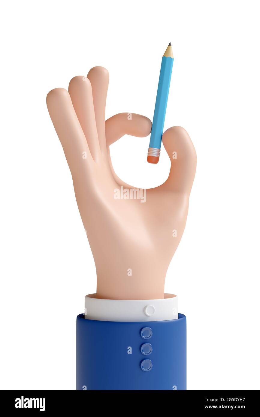 Cartoon hand holding a pencil isolated in white background. 3d ...