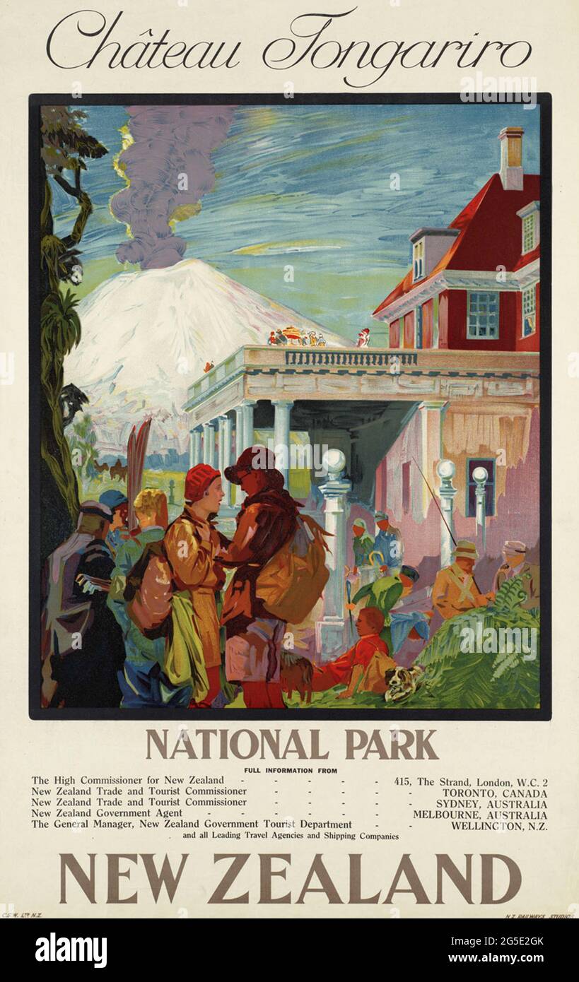 A vintage travel poster for Chateau Tongariro in Tongariro National ...