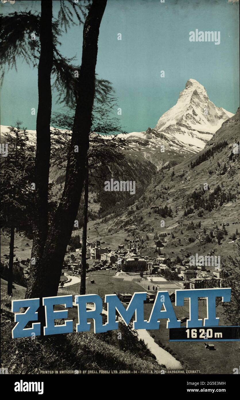 A vintage travel poster for Zermatt and the Matterhorn in Switzerland ...