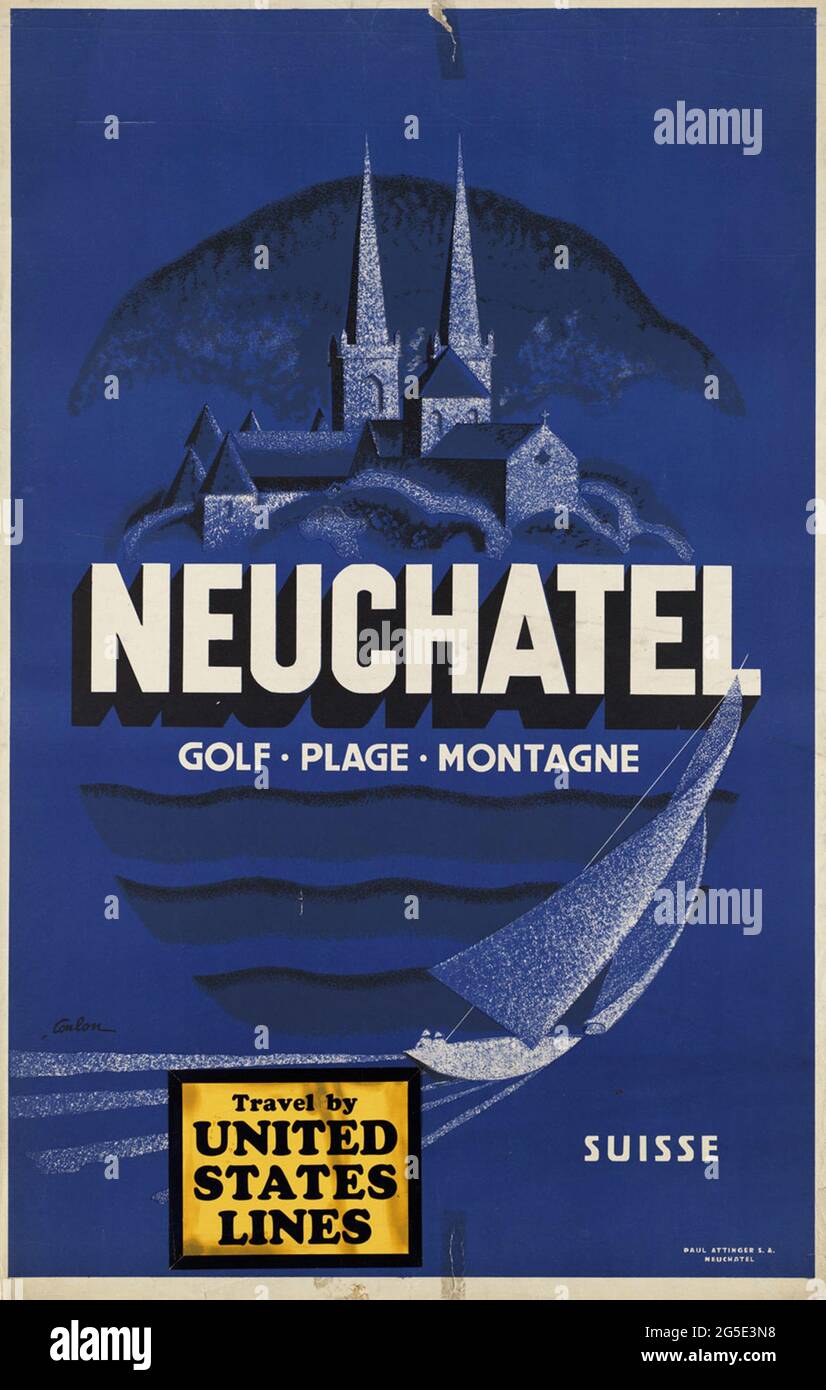 A vintage travel poster for Neuchatel in Switzerland Stock Photo - Alamy